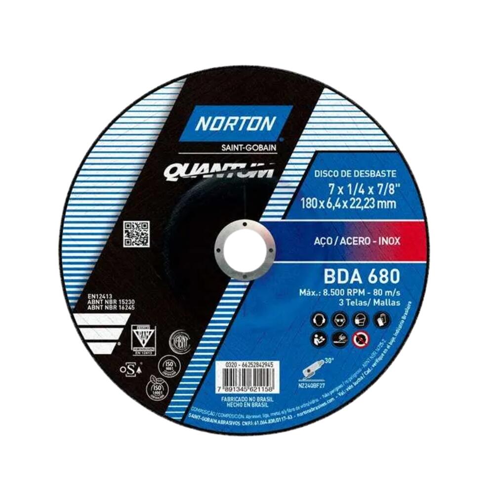 Disco de Desbaste Quantum Industrial para Metal 7X1/4X7/8 Norton Bda680