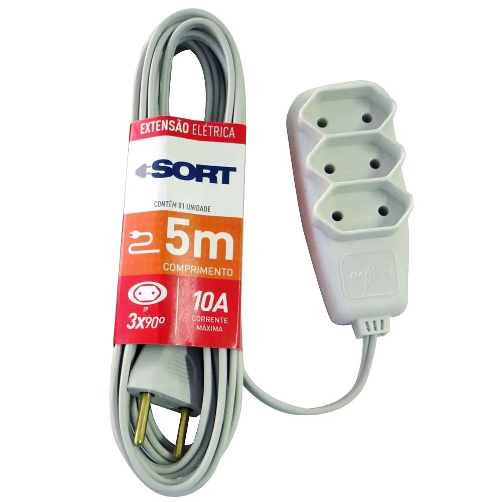 Extensao Eletrica Sort com 3 Tomadas Cabo Pl 2X0,75Mm 2P 10A Gelo 5M ...
