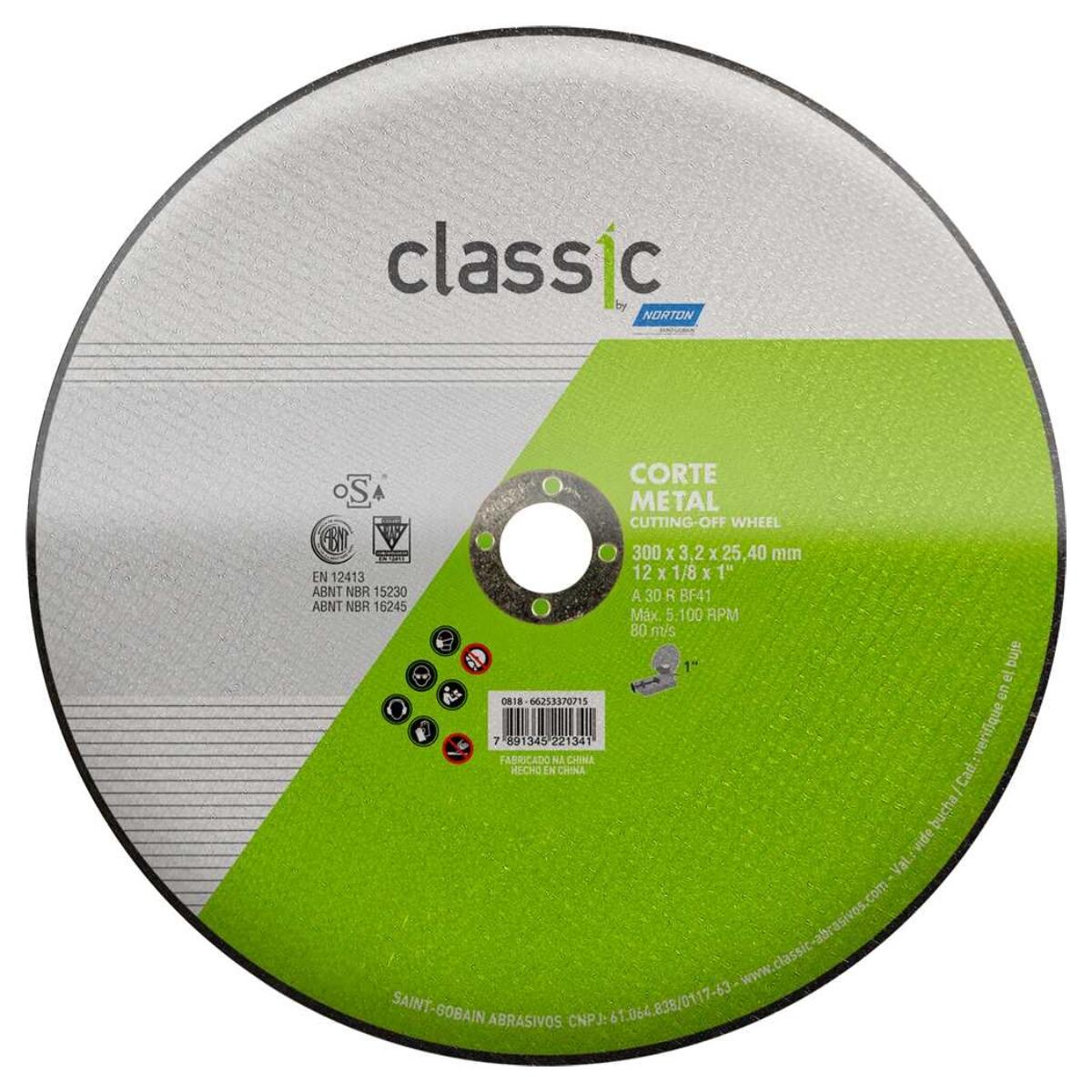 DISCO DE CORTE 12 X 1/8 X 1 PARA METAL AR302 CLASSIC NORTON